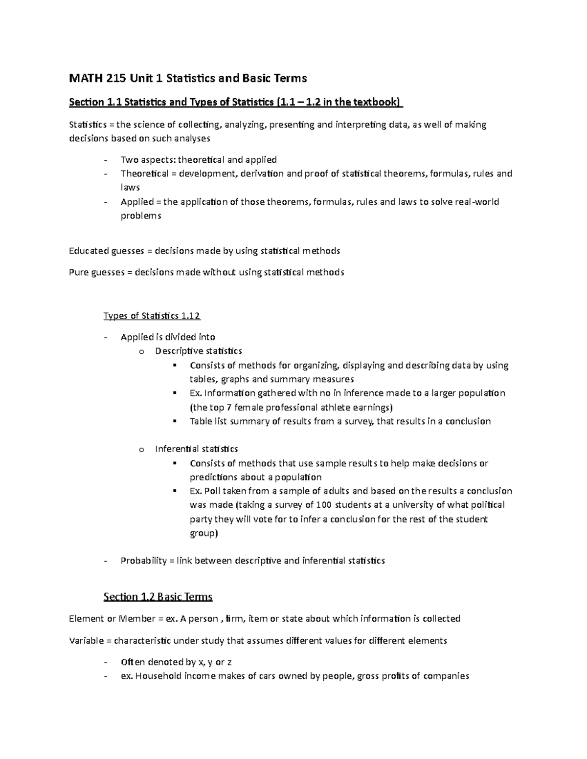 Unit 1 - unit 1 notes - MATH 215 Unit 1 Statistics and Basic Terms ...