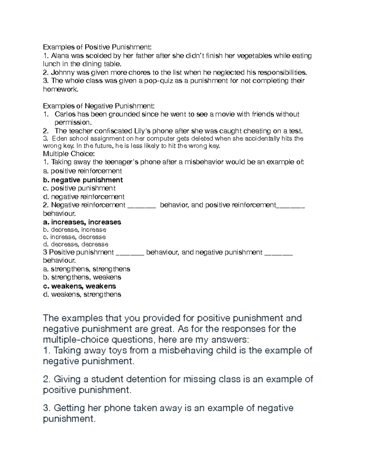 eab discussion 3 - Examples of Positive Punishment: Alana was scolded ...