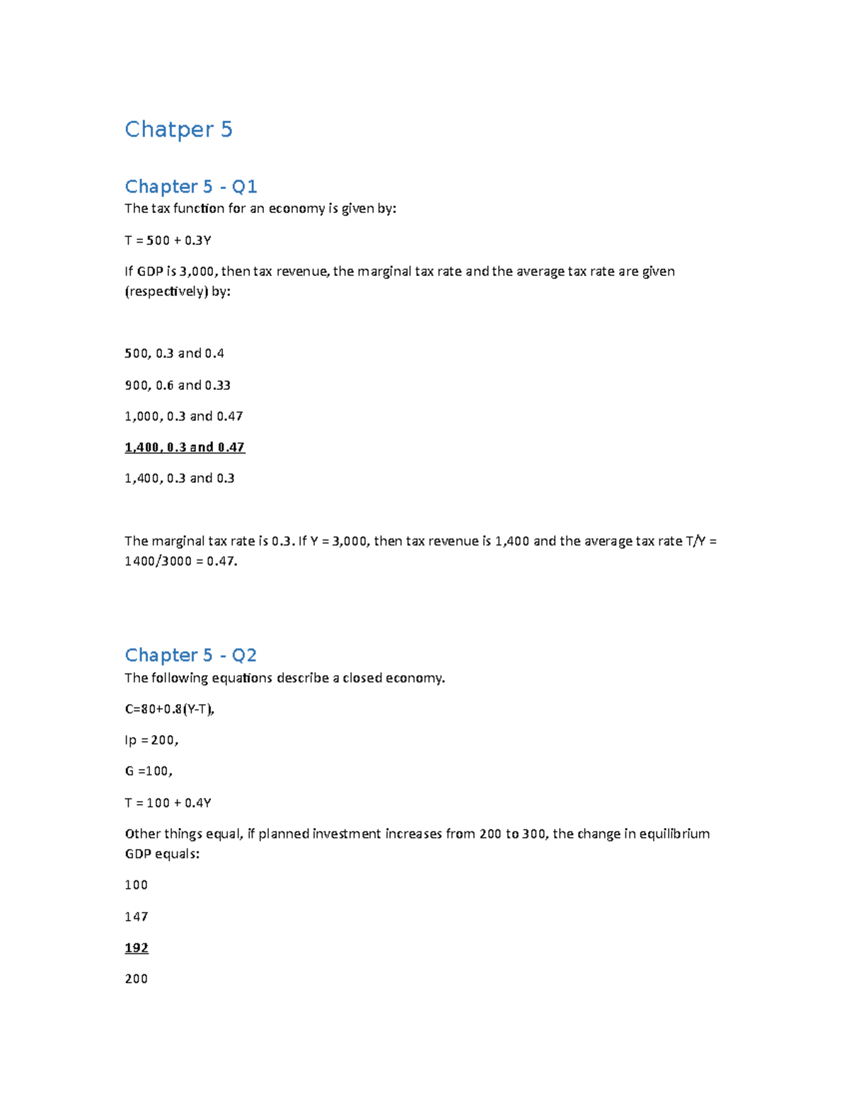 Chapter 5 practice questions - Chatper 5 Chapter 5 - Q The tax function ...