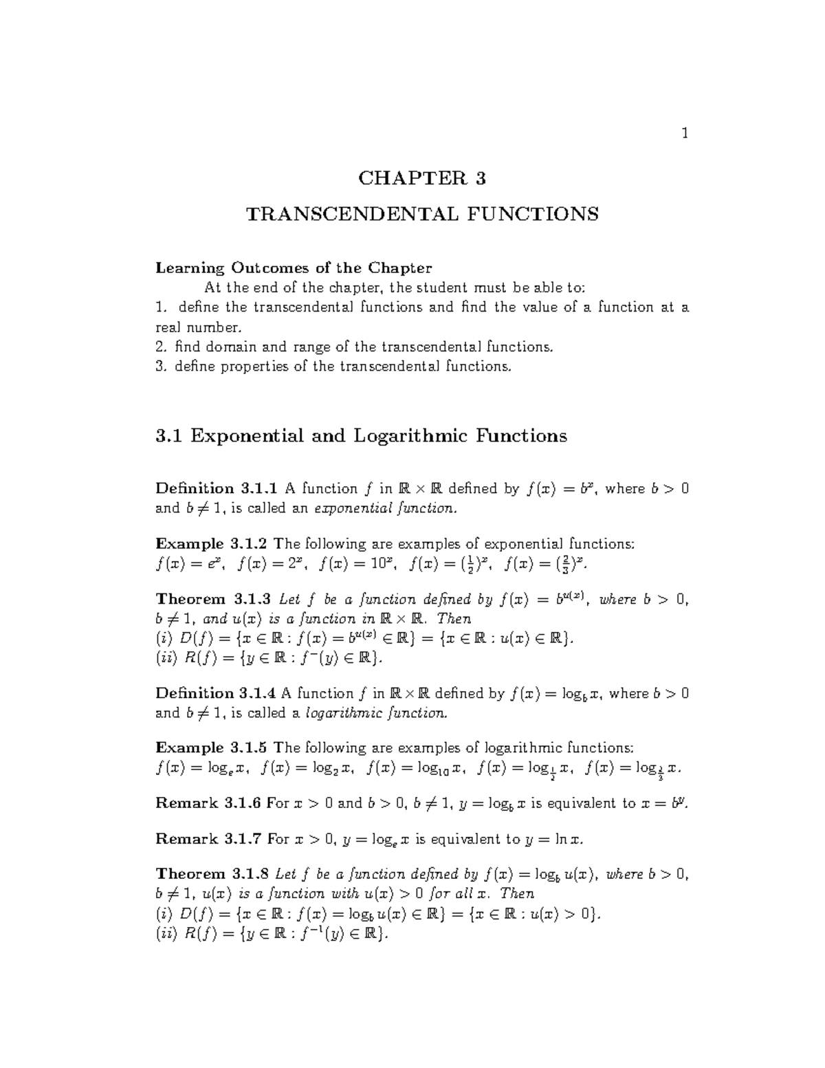Chapter 3 - Enjoy - CHAPTER 3 TRANSCENDENTAL FUNCTIONS Learning Outcomes of the Chapter At the ...