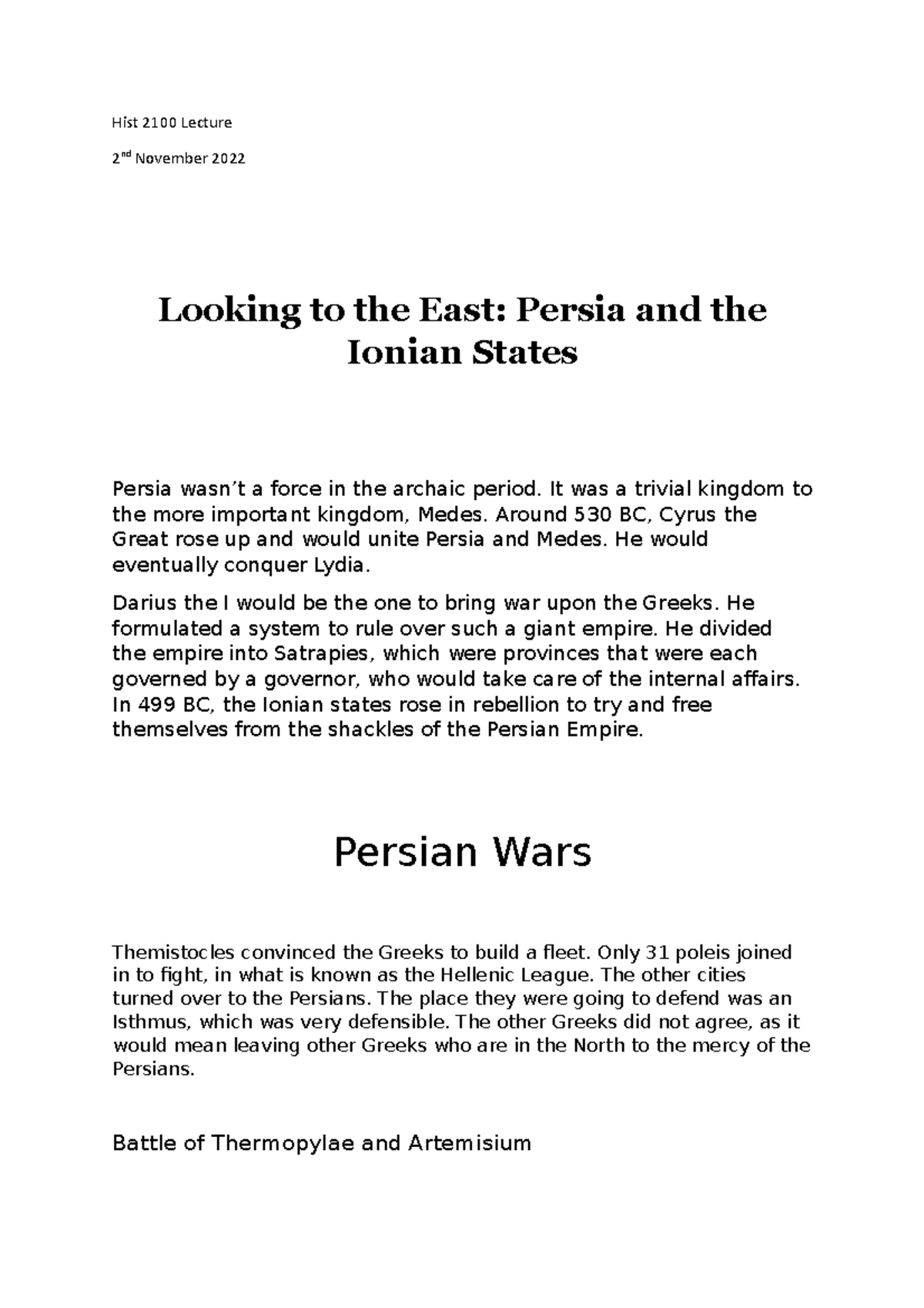 Lecture notes on The Persian Wars - Hist 2100 Lecture 2 nd November ...