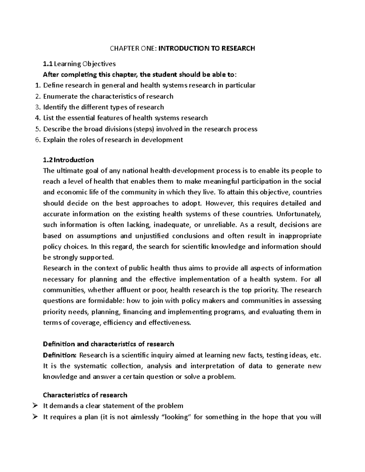 Research - CHAPTER ONE: INTRODUCTION TO RESEARCH 1 Learning Objectives ...