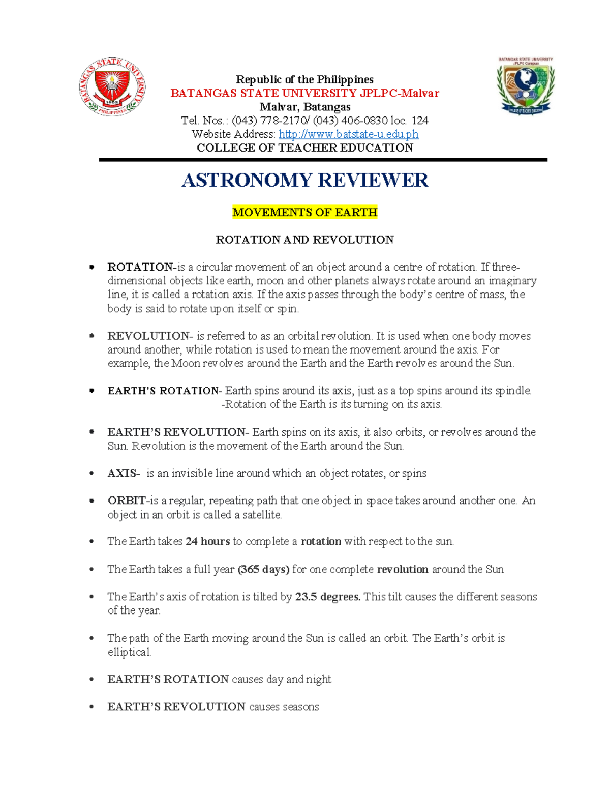 Astronomy-Reviewer - Republic of the Philippines BATANGAS STATE ...