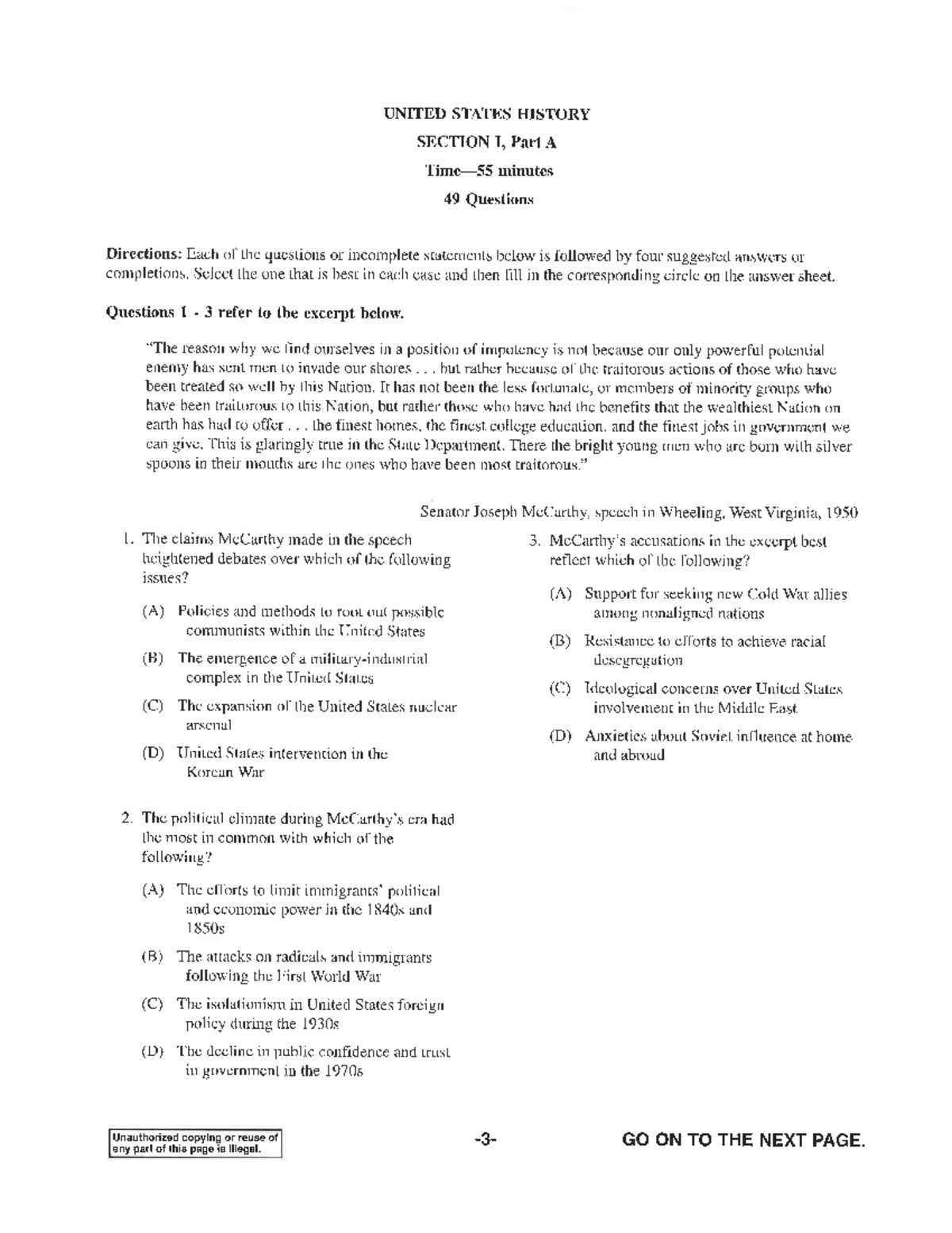 2015 +AP+Exam+Printable - UNITED STATES HISTORY SECTION I, Part A ...