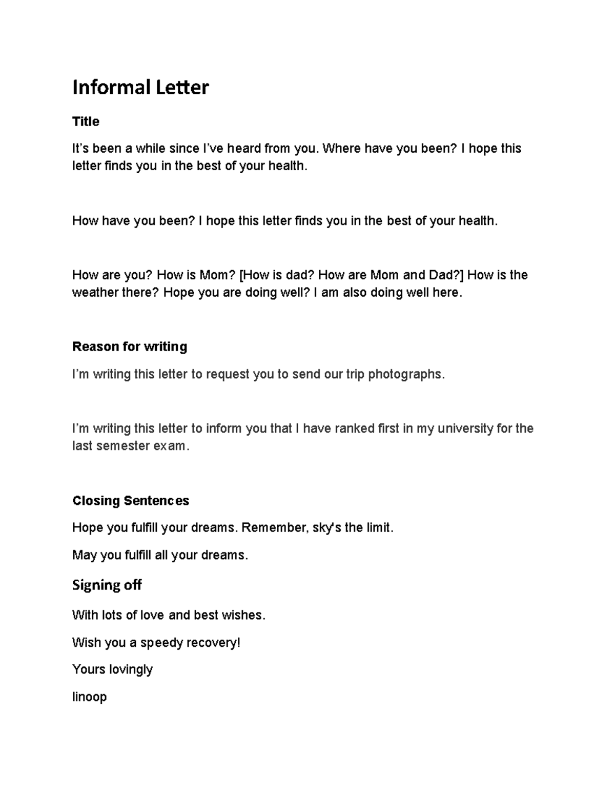 Informal Letter - Informal Letter Title It’s been a while since I’ve ...