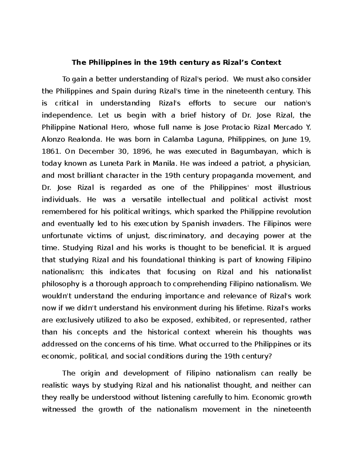 The Philippines in the 19th century as Rizal’s Context - We must also ...