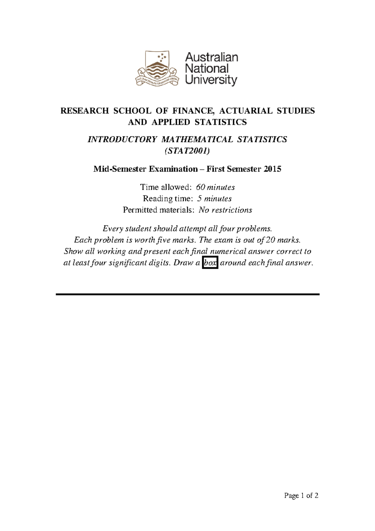 Sample/practice exam 2015, questions and answers - RESEARCH SCHOOL OF ...