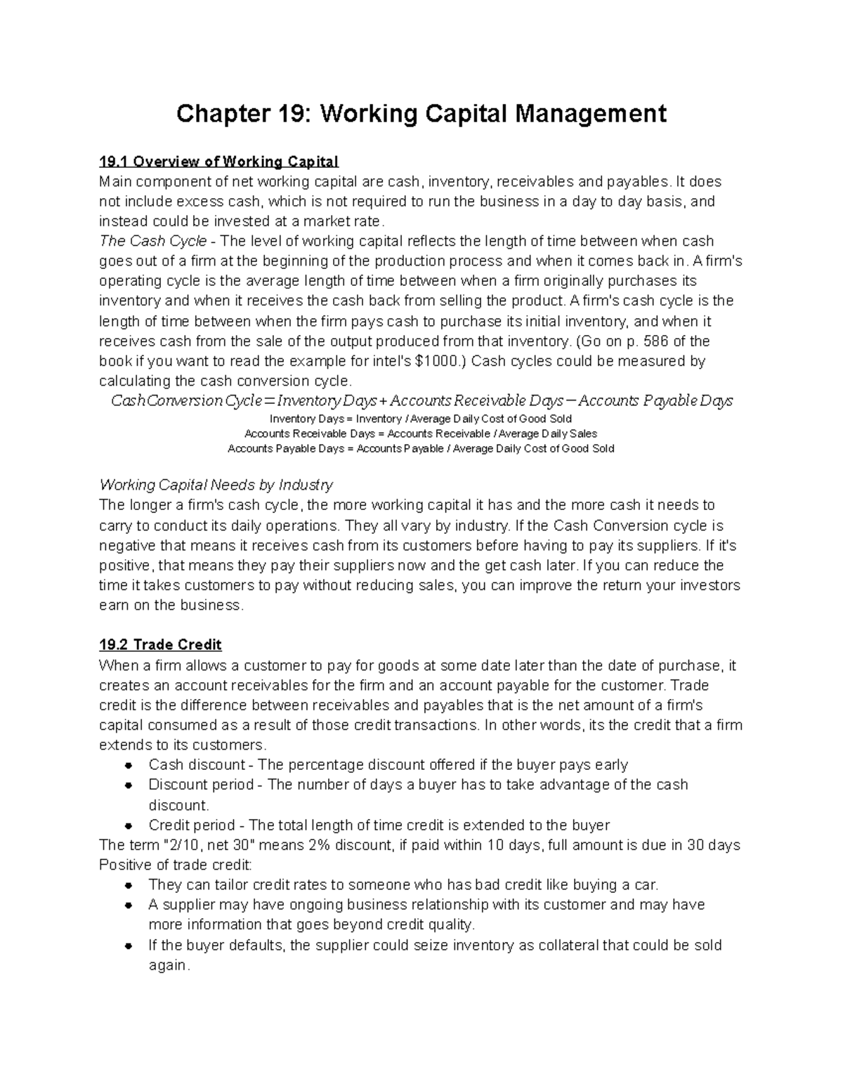 Chapter 19, Working Capital Management - Chapter 19: Working Capital ...