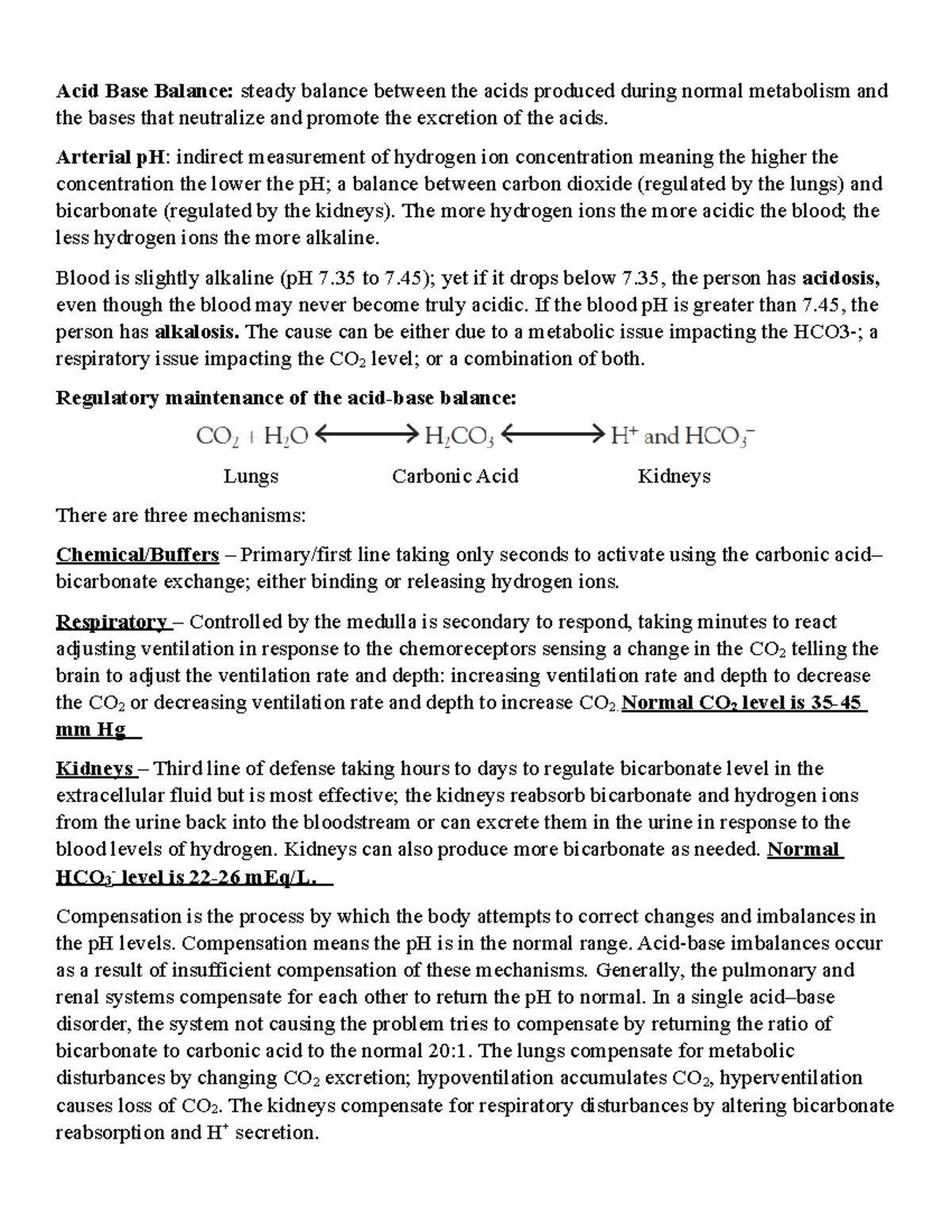 Acid Base Imbalances Notes - Acid Base Balance: steady balance between ...