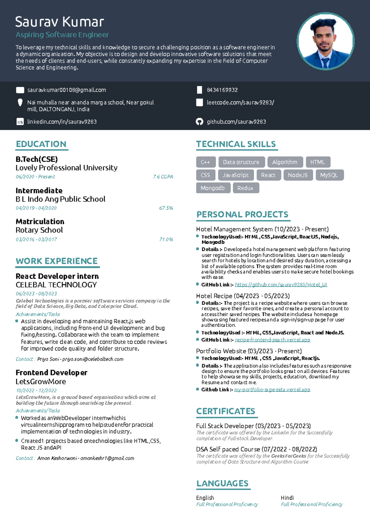 Saurav 2 - fds - Saurav Kumar Aspiring Software Engineer To leverage my technical skills and ...