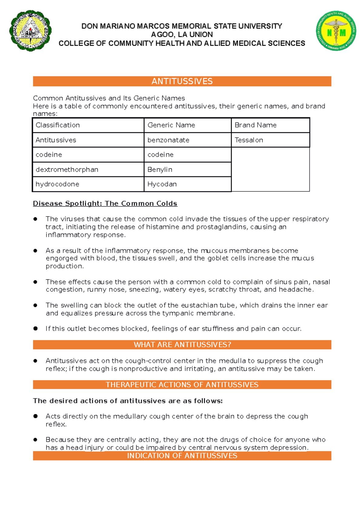 Antitussives-Pharmacology - AGOO, LA UNION COLLEGE OF COMMUNITY HEALTH ...