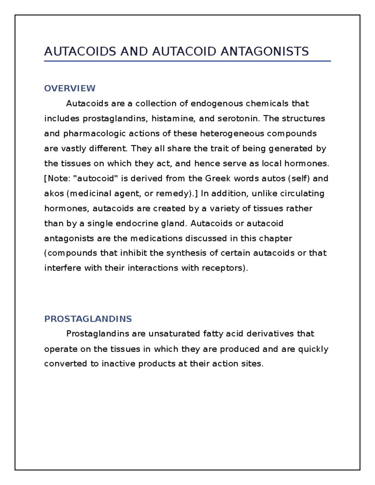 Overview OF Autacoids AND Autacoid Antagonists - AUTACOIDS AND AUTACOID ...