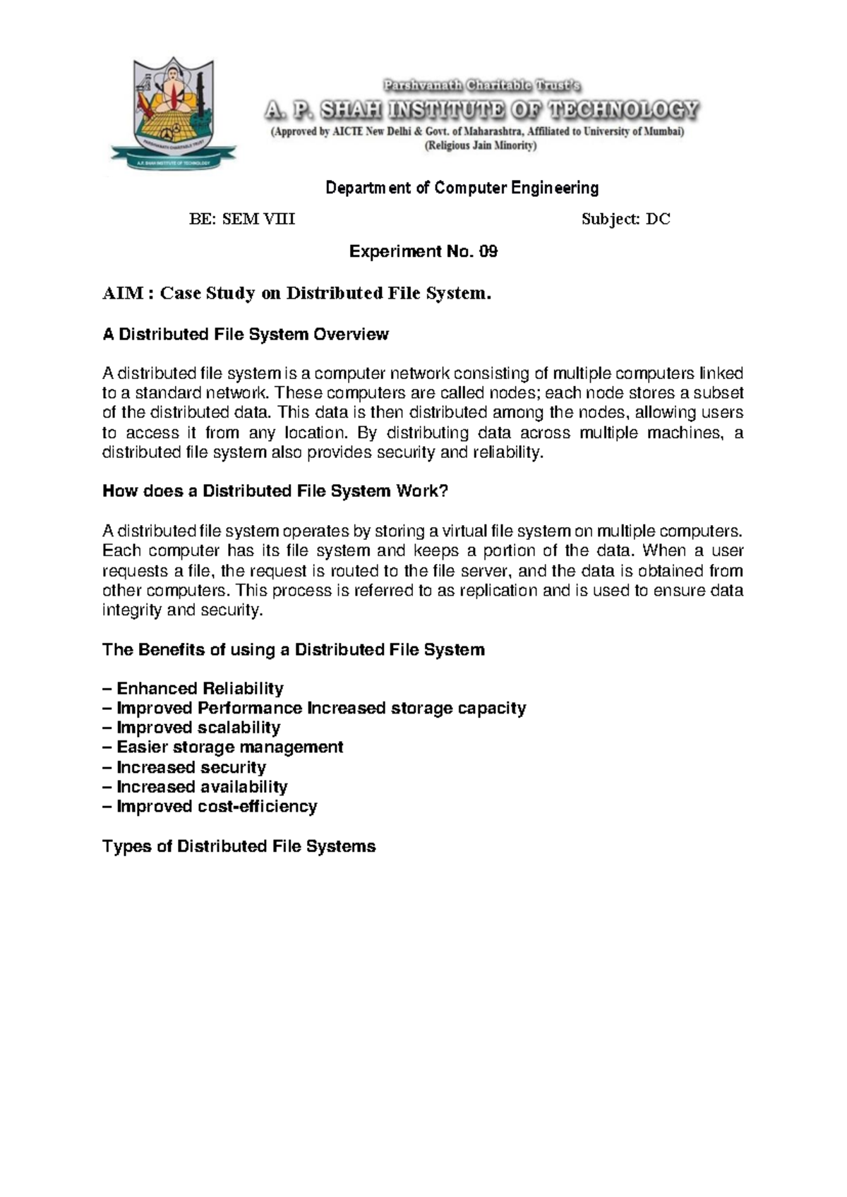 Exp -9 - Department of Computer Engineering BE: SEM VIII Subject: DC ...