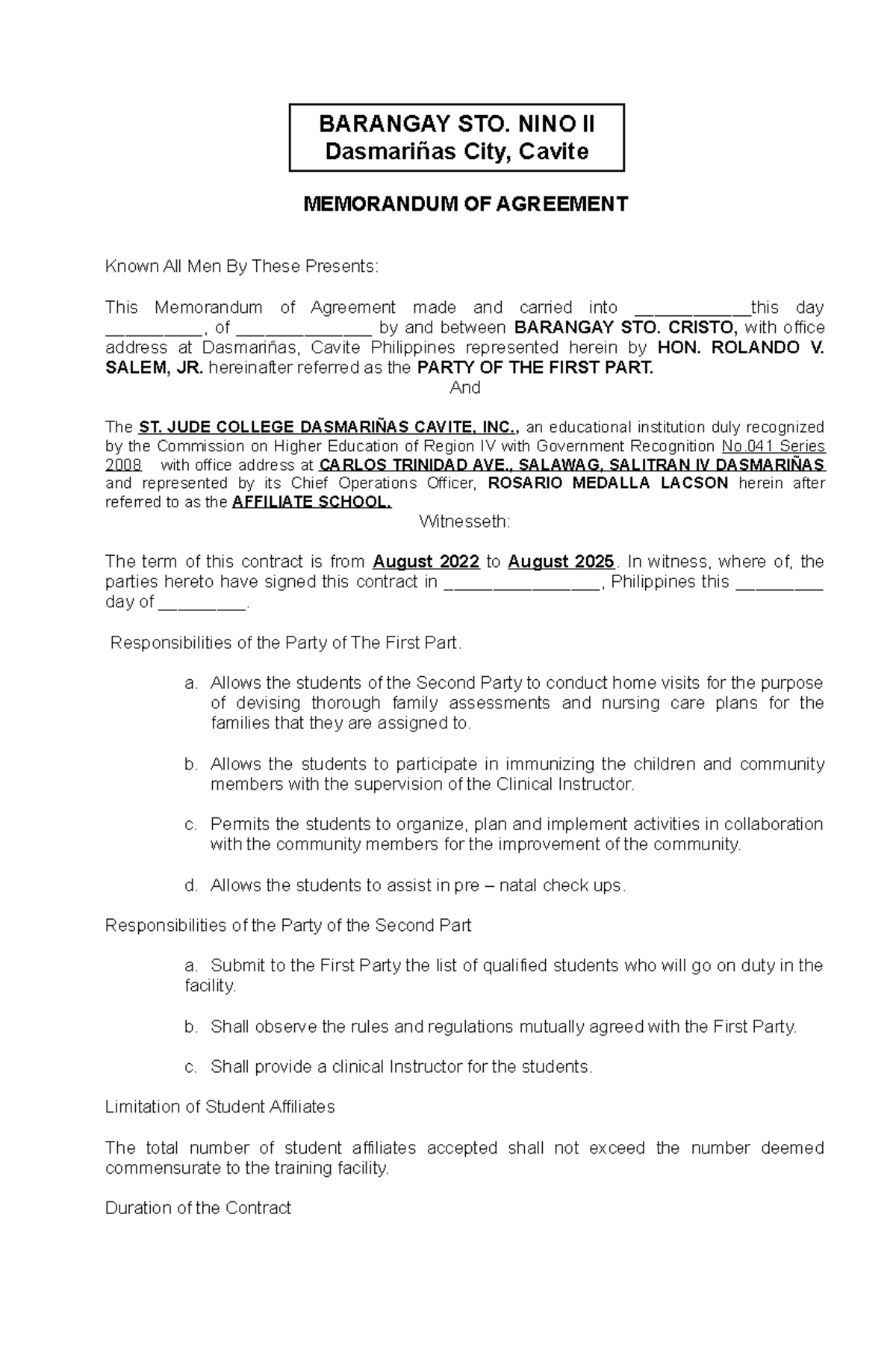 Barangay STO. NIÑO II 2018-2021 - MEMORANDUM OF AGREEMENT Known All Men ...