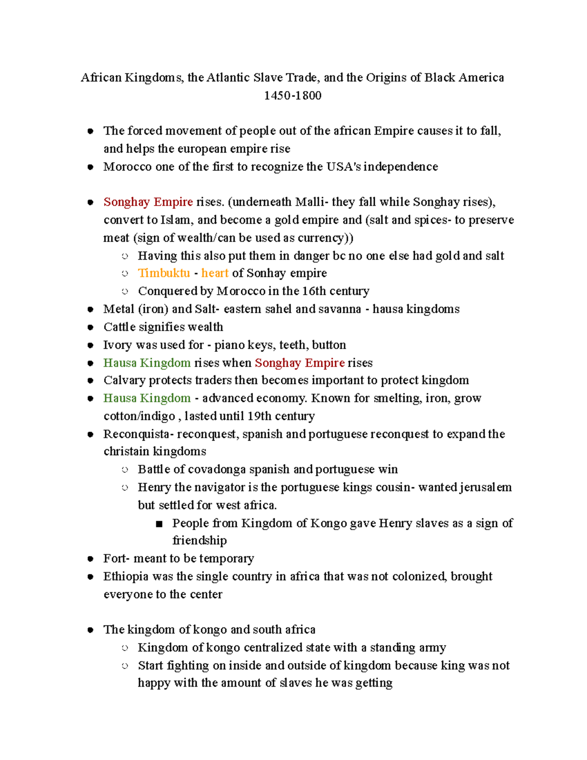 Chapter 19 Notes - African Kingdoms, the Atlantic Slave Trade, and the ...