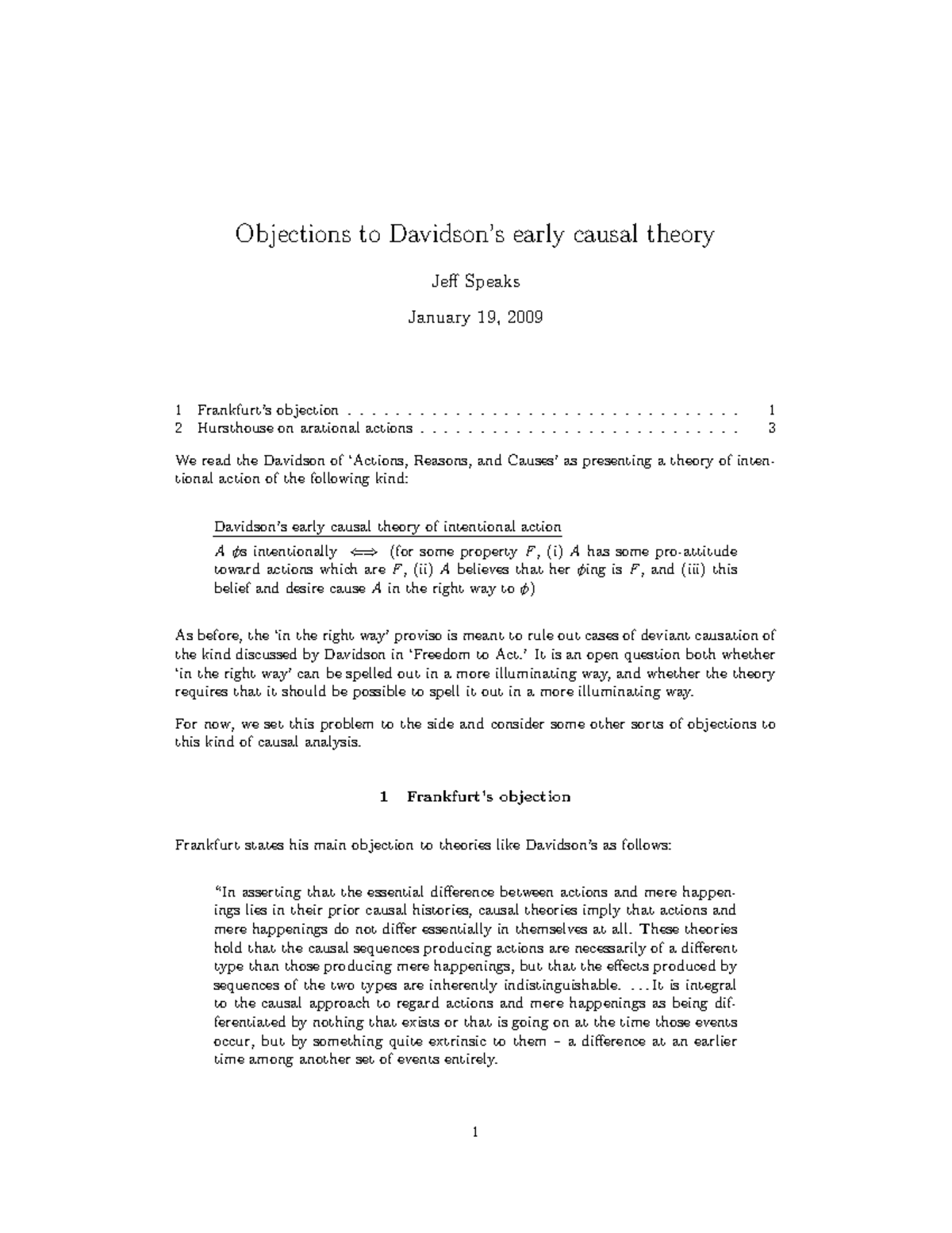 Objections to Davidson’s early causal theory - Objections to Davidson’s ...