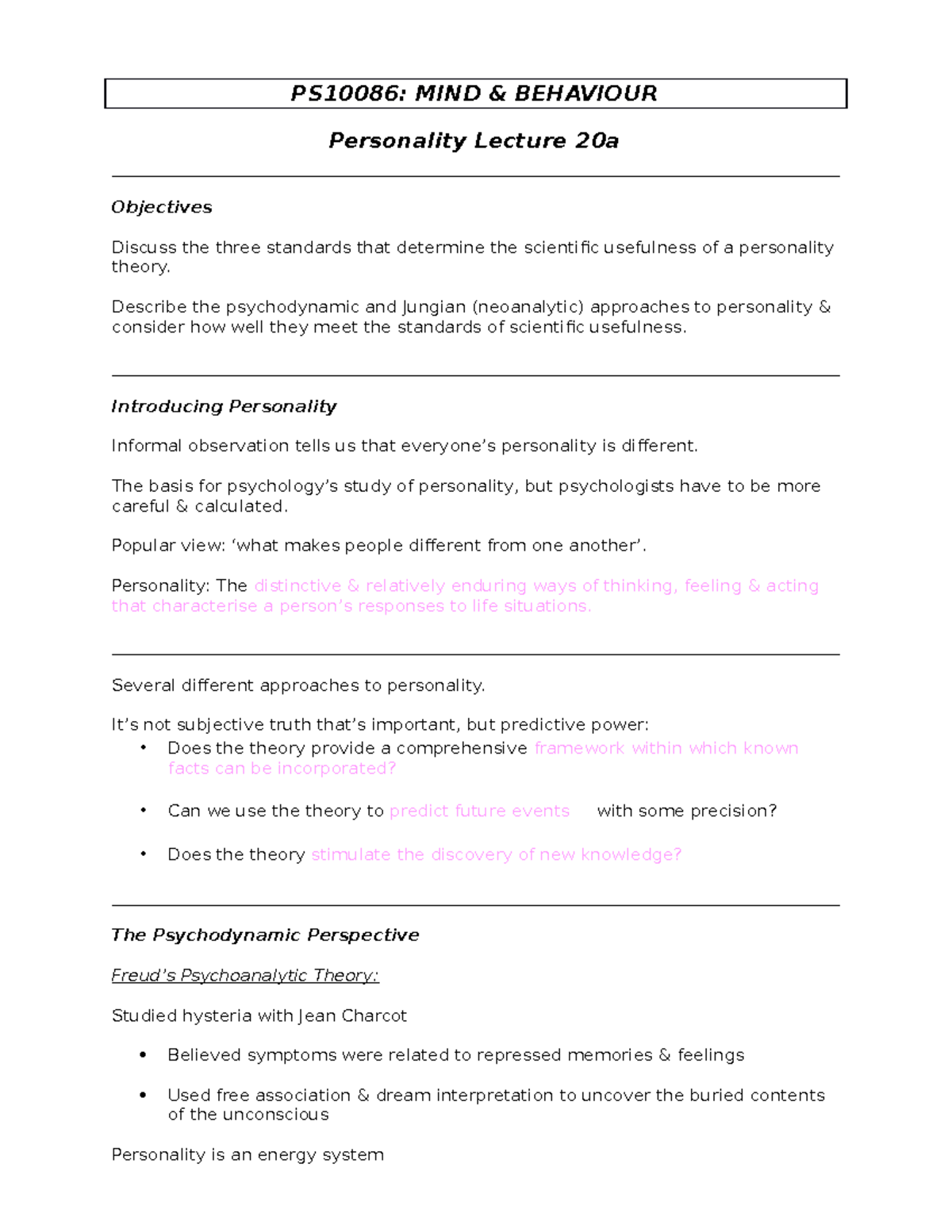 Completed handout for lecture week 20a Richard- Personality - PS10086: MIND & BEHAVIOUR - Studocu