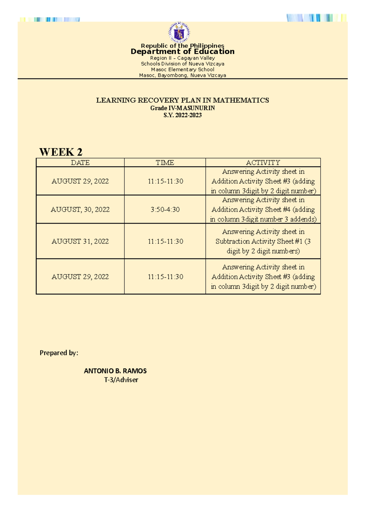 Learning Recovery Plan in Mathematics W2 2022-2023 - Republic of the ...