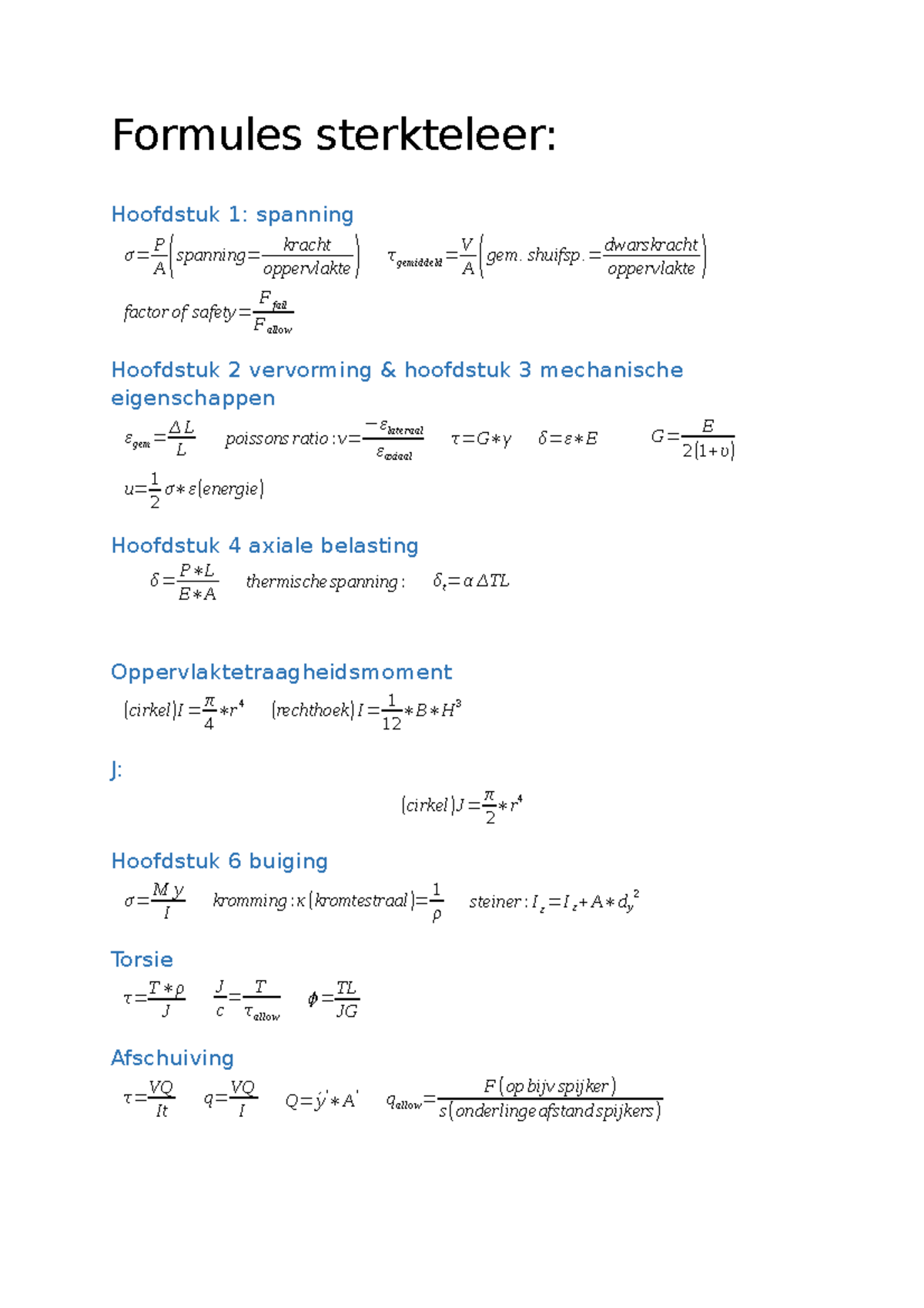 Formules sterkteleer - shuifsp A oppervlakte A oppervlakte ( factor of ...
