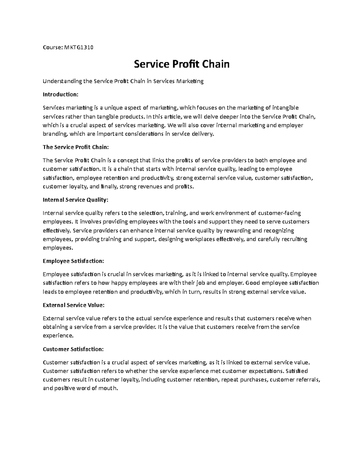 Service Profit Chain (WEEK 5) - Course: MKTG Service Profit Chain ...
