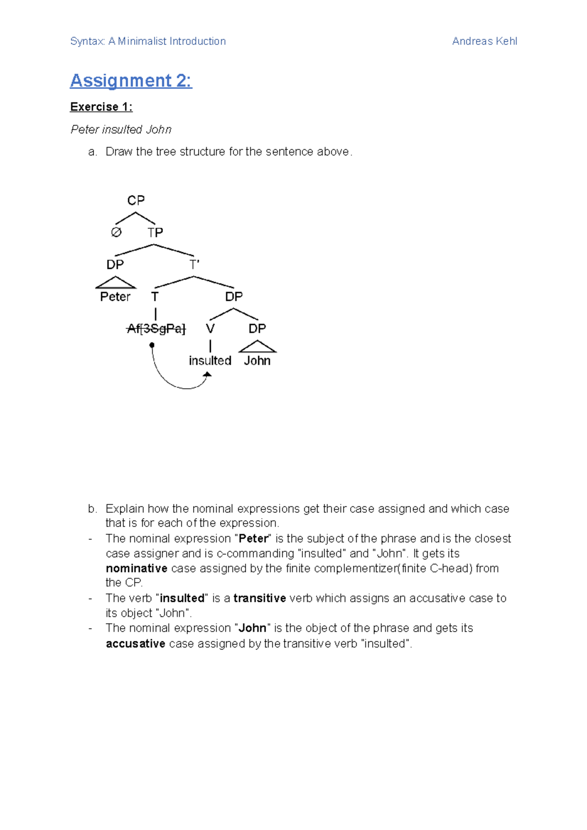 Syntax Assignment 2 - Assignment 2: Exercise 1: Peter insulted John a. Draw the tree structure ...
