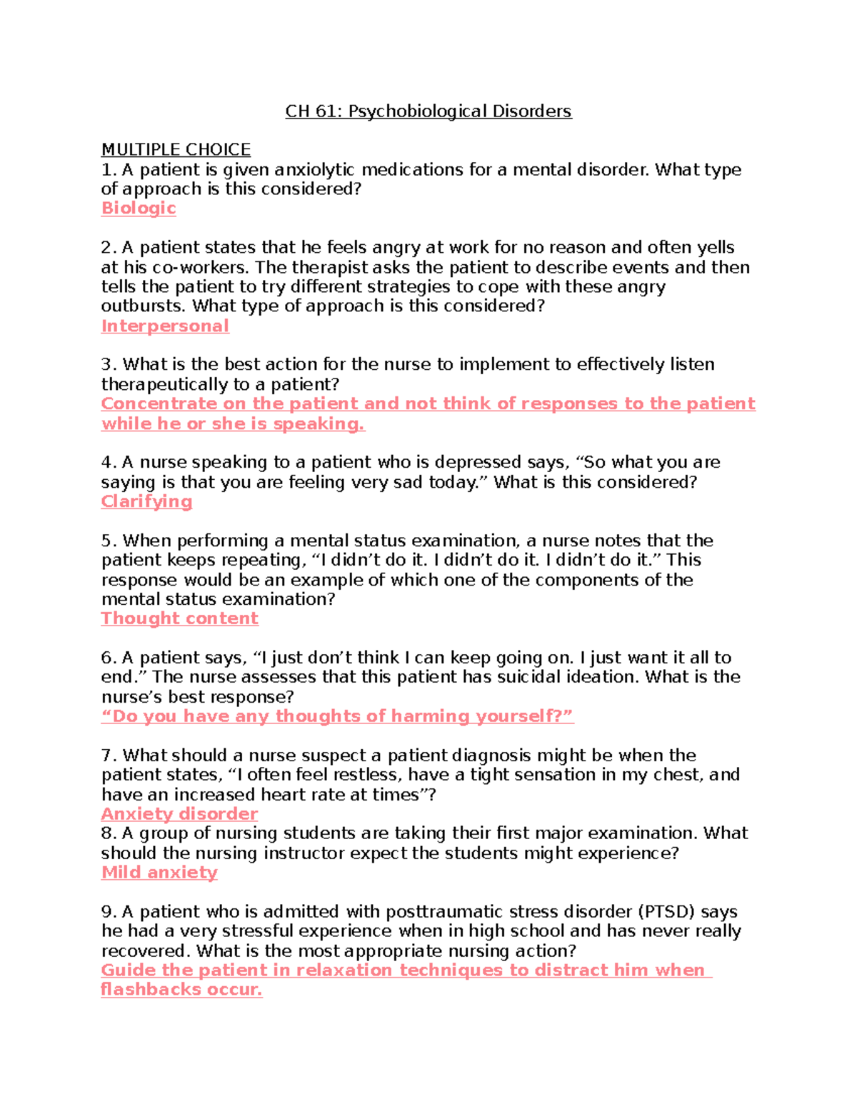 CH 61 - Lpn mental health - CH 61: Psychobiological Disorders MULTIPLE ...