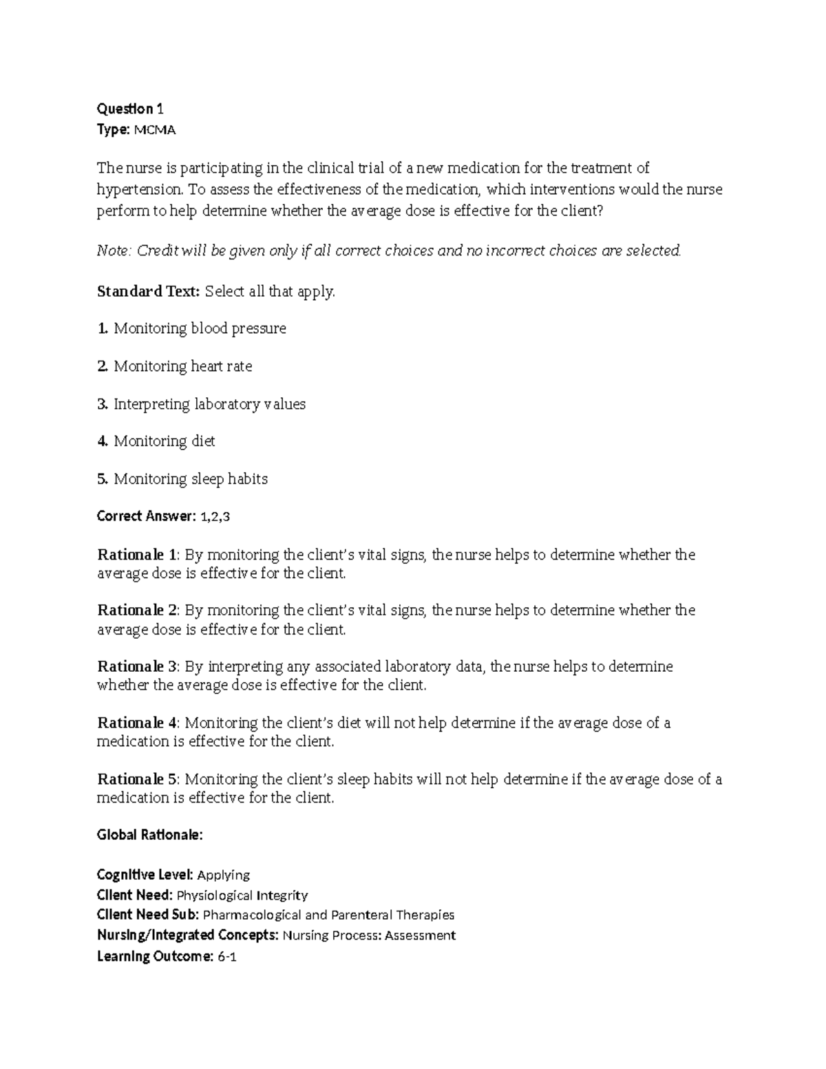 Ch 5 - Practice questions - Question 1 Type: MCMA The nurse is ...
