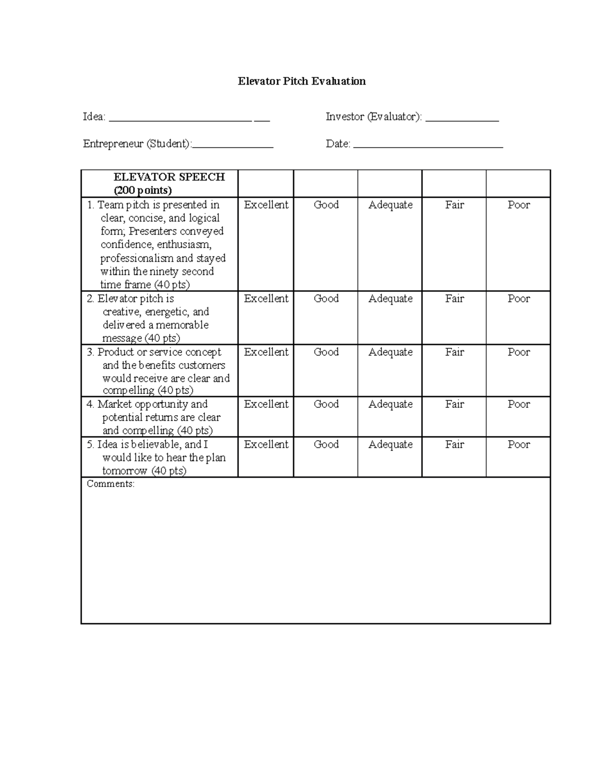 Elevator Pitch Rubric - Elevator Pitch Evaluation Idea: Investor ...