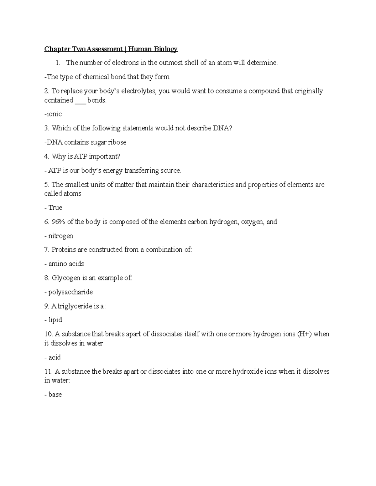 Chapter 2 Assessment Human Bio - Chapter Two Assessment | Human Biology ...