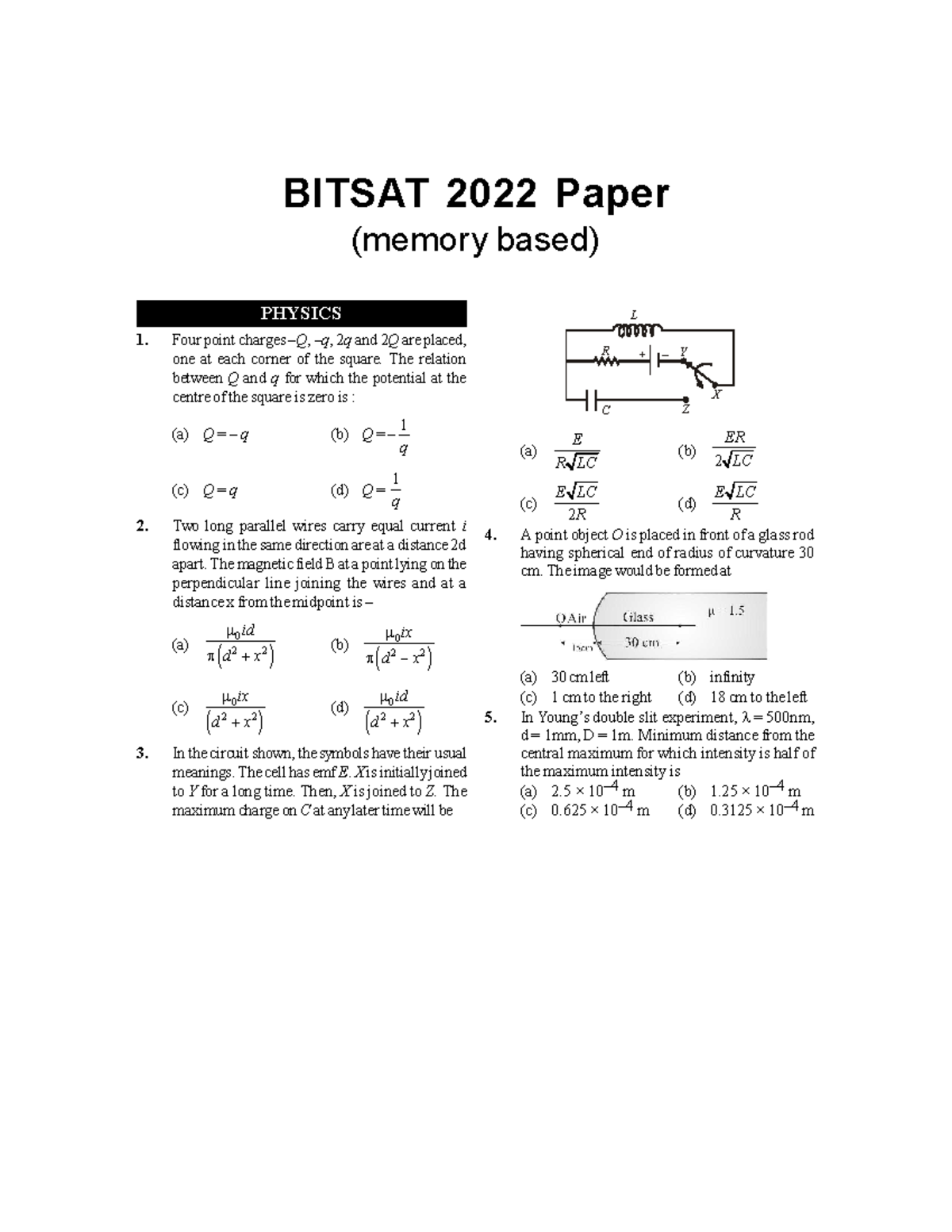 2022 question paper - Bbvvvb - BITSAT 2 022 Paper (memory based ...