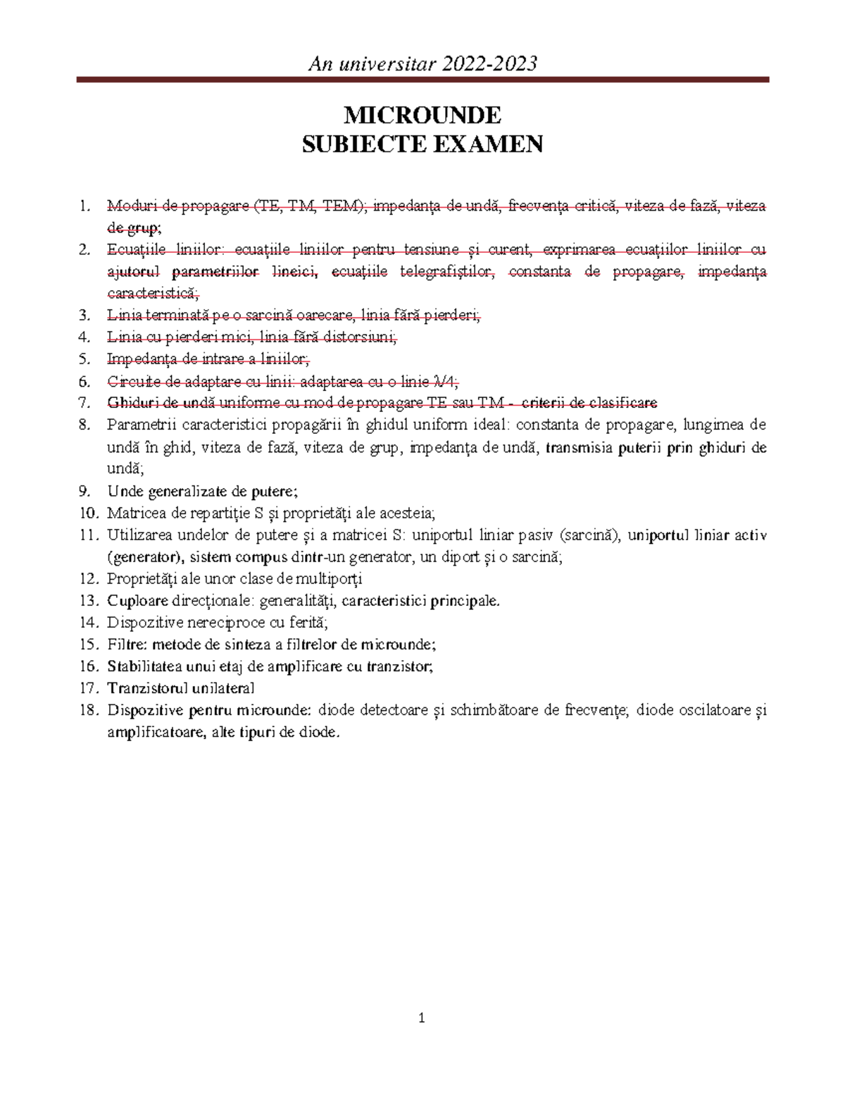 Lista subiecte Microunde 2022 - 2023 - An universitar 2022- 1 MICROUNDE SUBIECTE EXAMEN Moduri ...