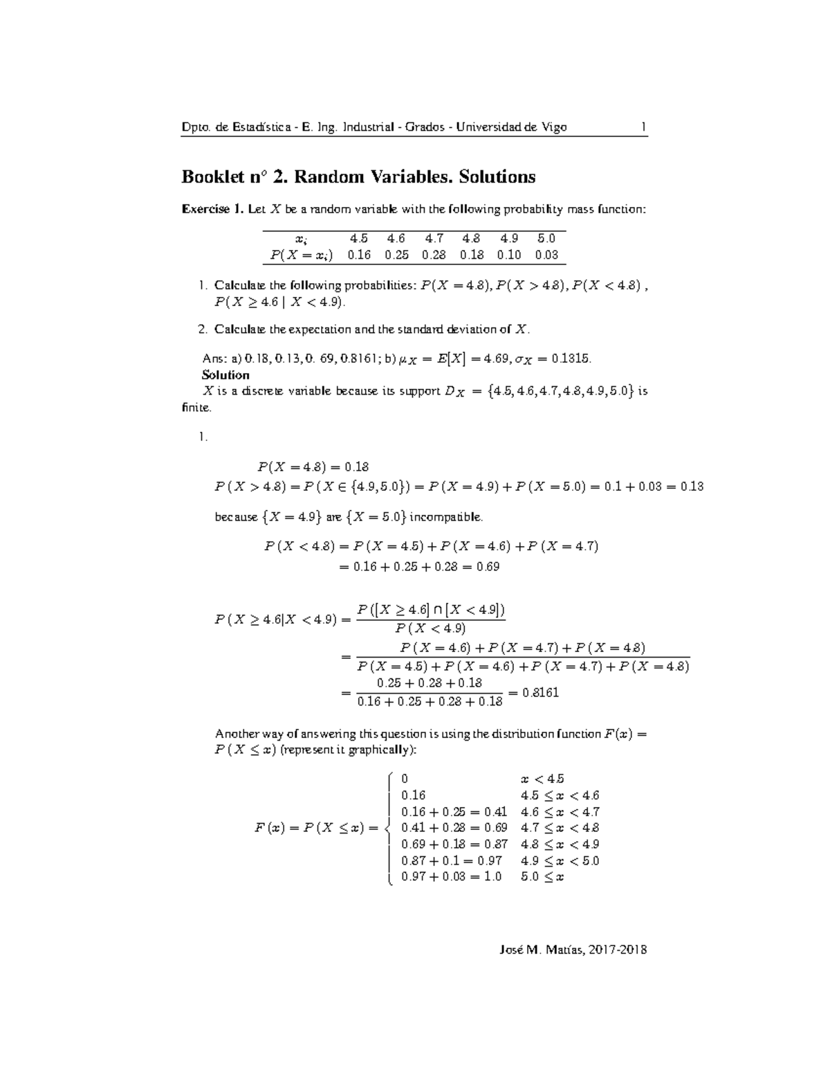 Booklet 2 Random Variables Solutions - Booklet no2. Random Variables. Solutions Exercise 1 a ...
