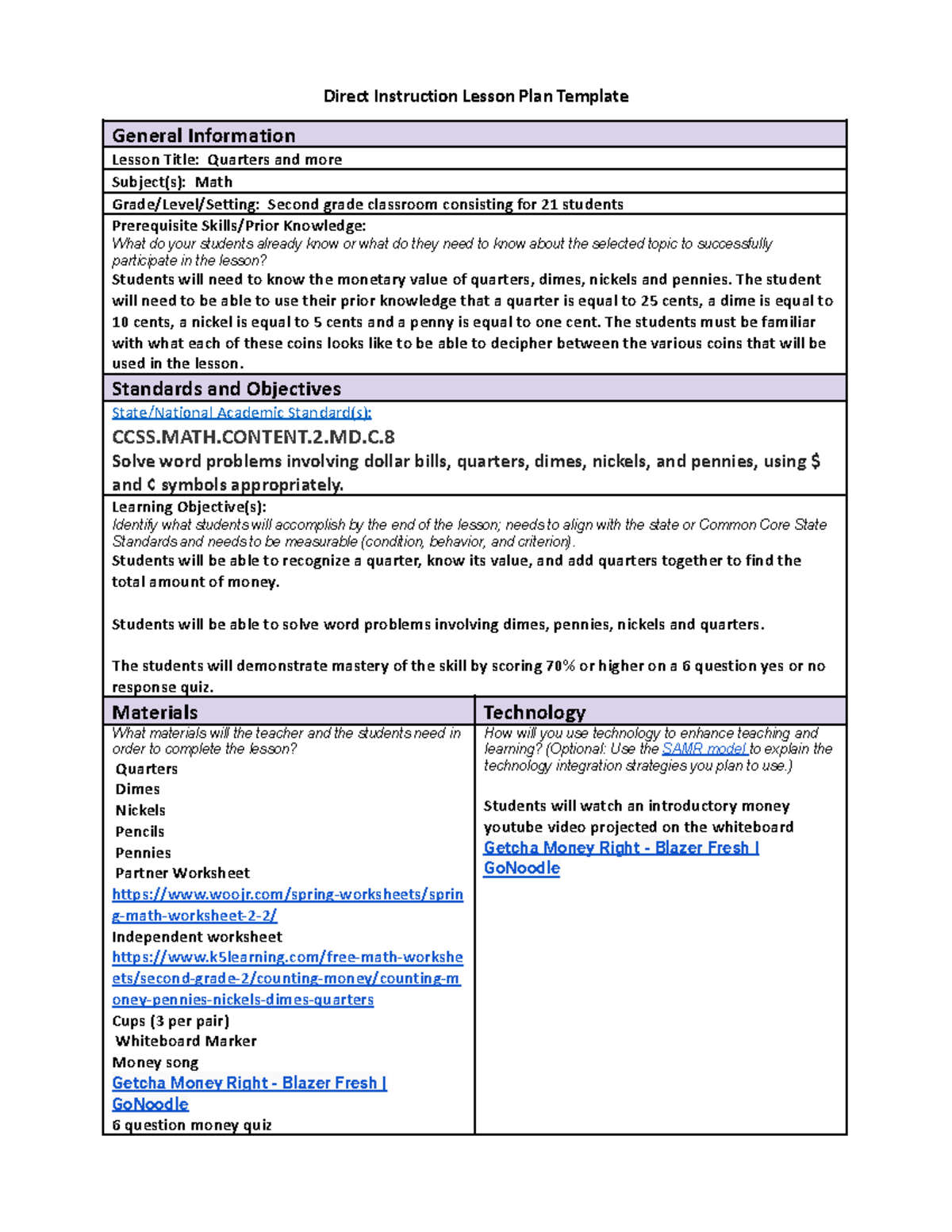Quarters and More Lesson Plan - Direct Instruction Lesson Plan Template ...