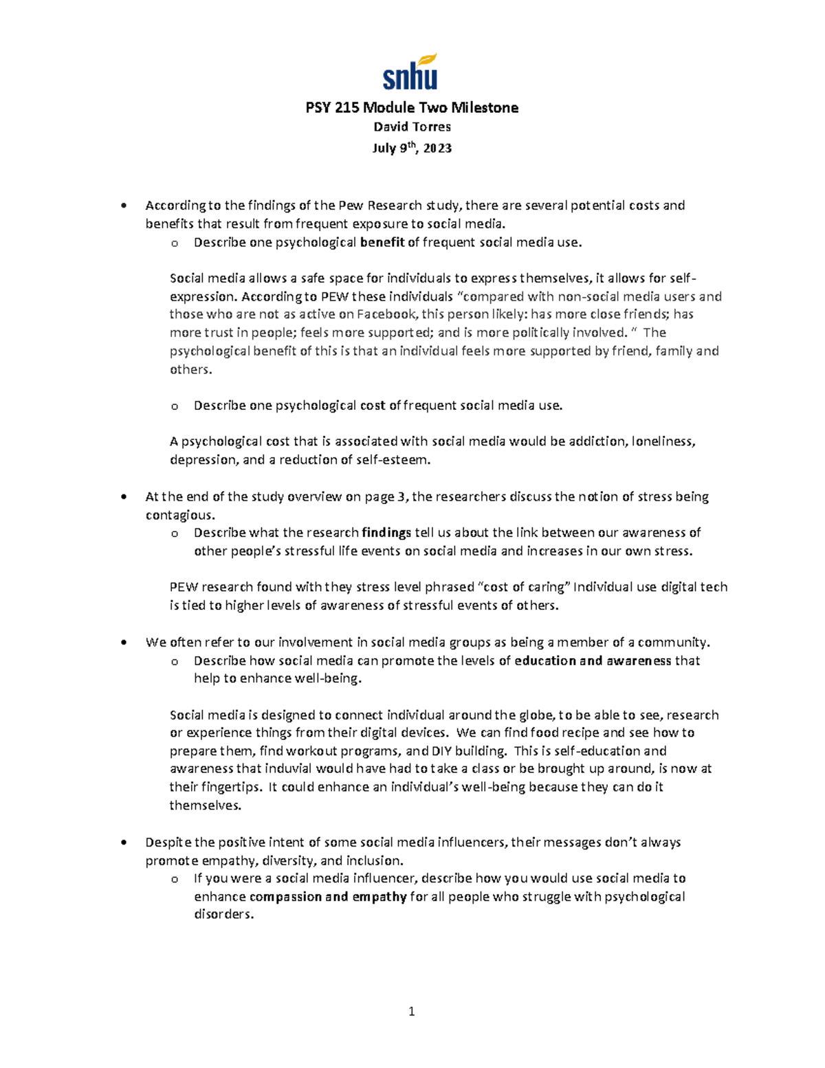 PSY 215 Module Two Milestone - 1 PSY 215 Module Two Milestone David ...