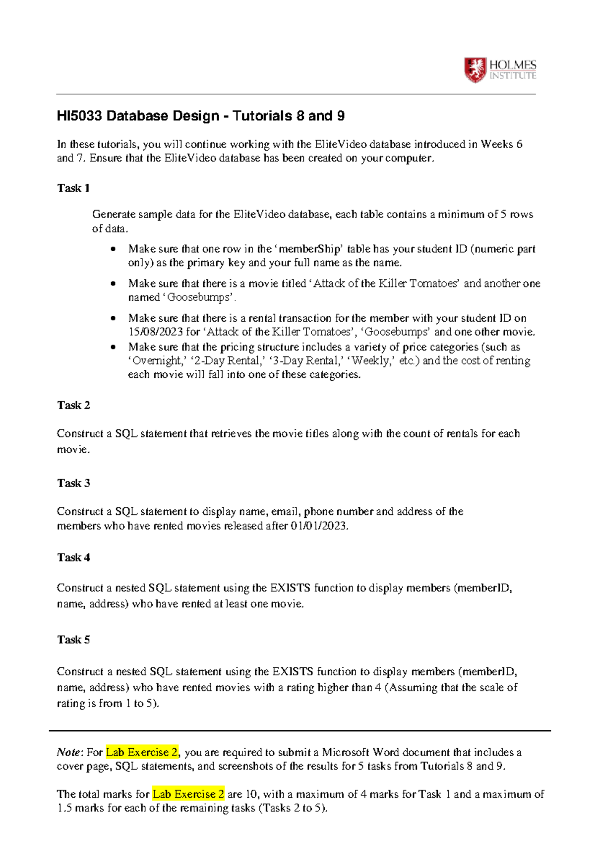 HI5033-Tutorials 8,9 - This is the tiutrial about sql database - HI5033 ...