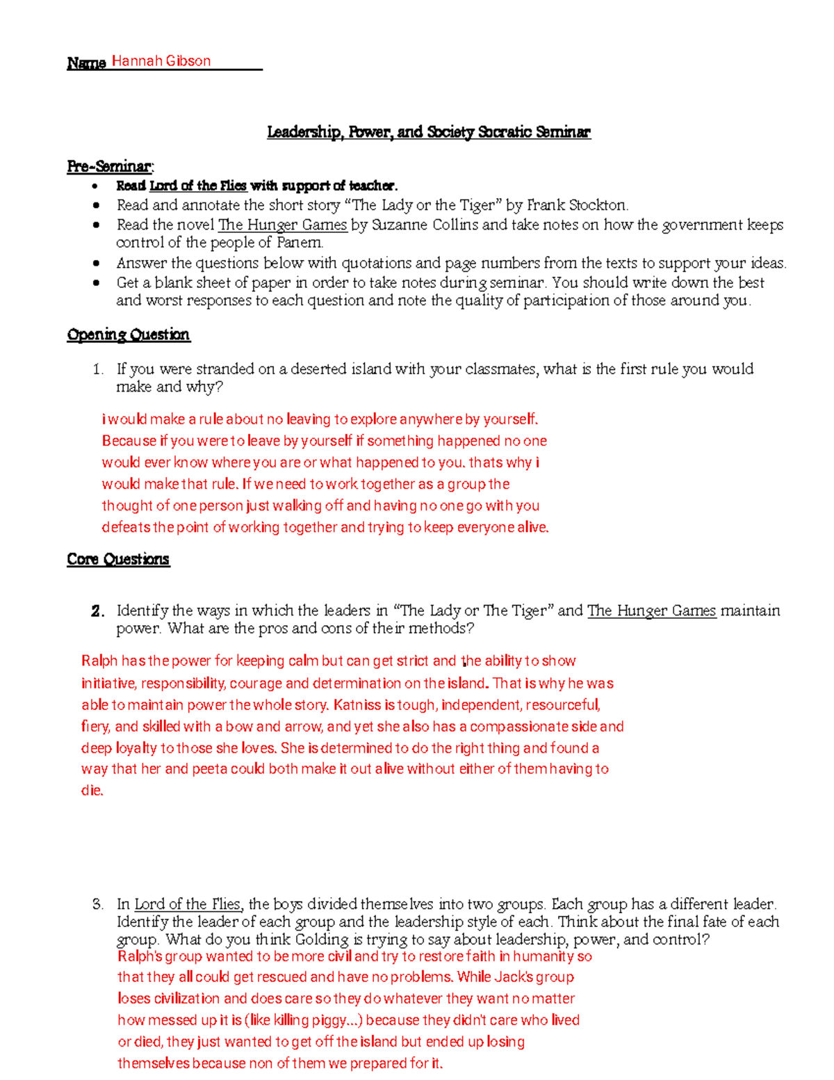 Socratic Seminar Hunger Games Lady or the Tiger Lord of the Flies ...