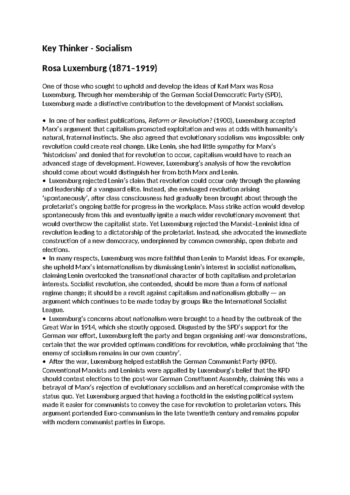 KEY Thinker - Rosa Luxemburg - Key Thinker - Socialism Rosa Luxemburg ...