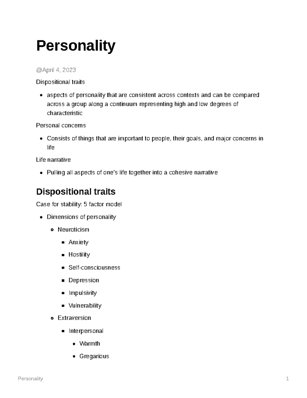 Personality - O'Brian - Personality Dispositional traits aspects of ...