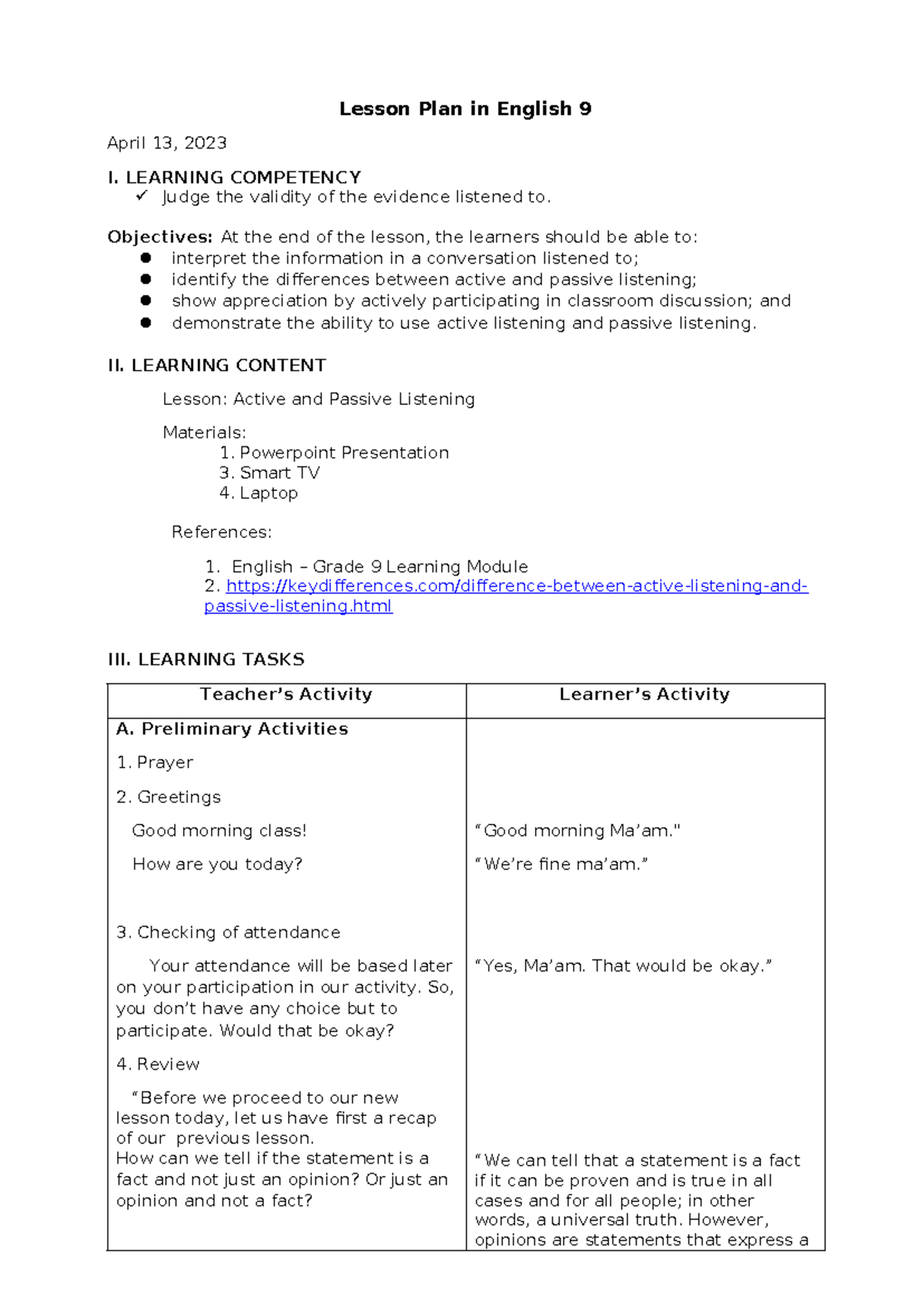 Grade 9 Active and Passive Listening - Lesson Plan in English 9 April ...