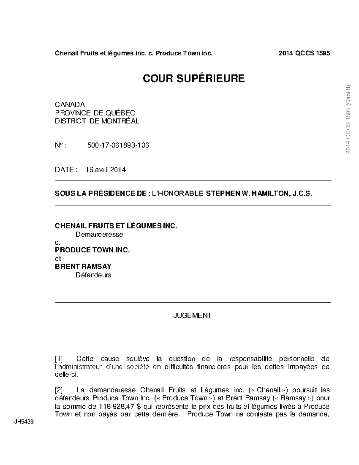 Chenailfruitetlegume - Chenail Fruits et légumes inc. c. Produce Town ...