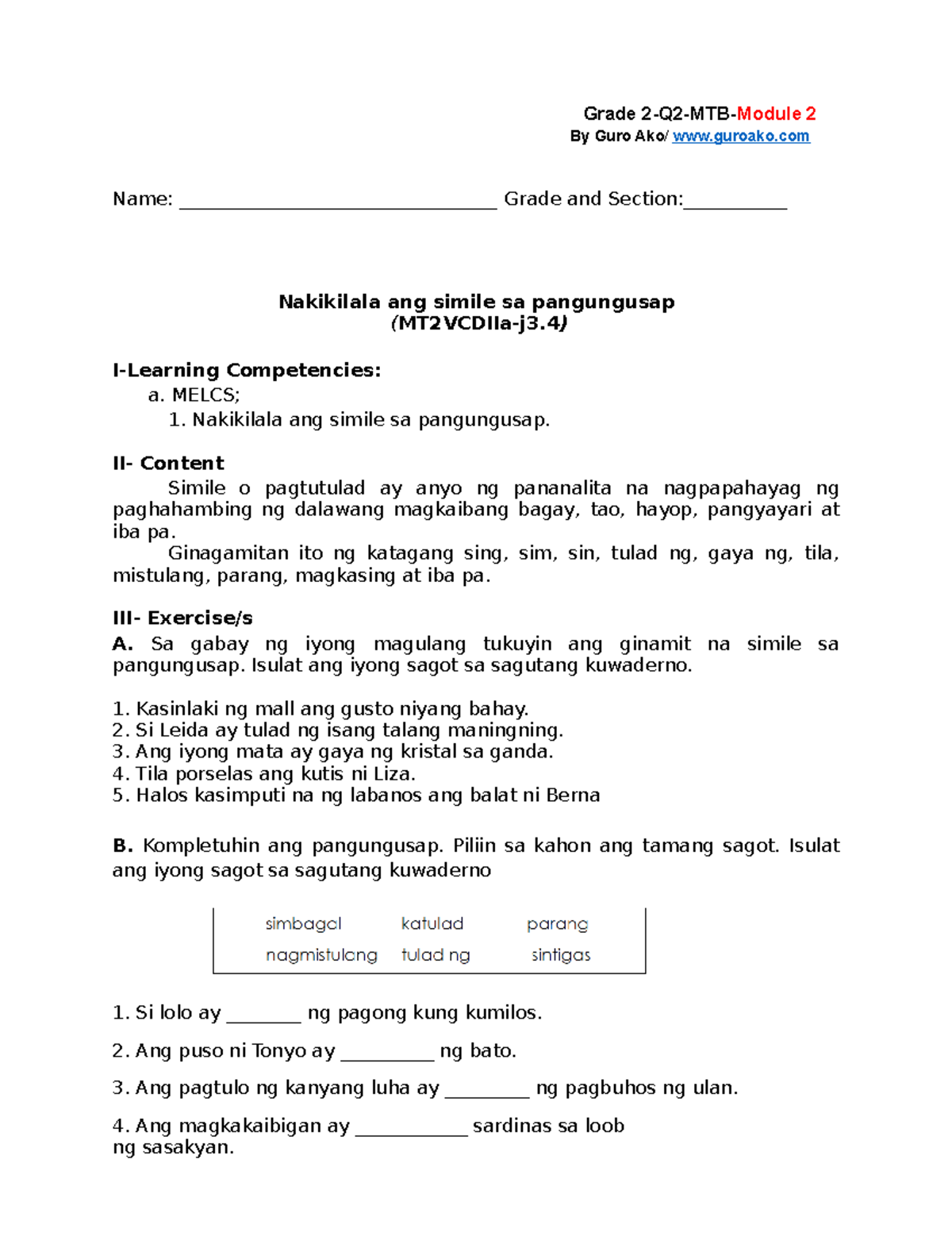 Grade 2-Q2-MTB-Module 2 - MELCS; Nakikilala ang simile sa pangungusap ...