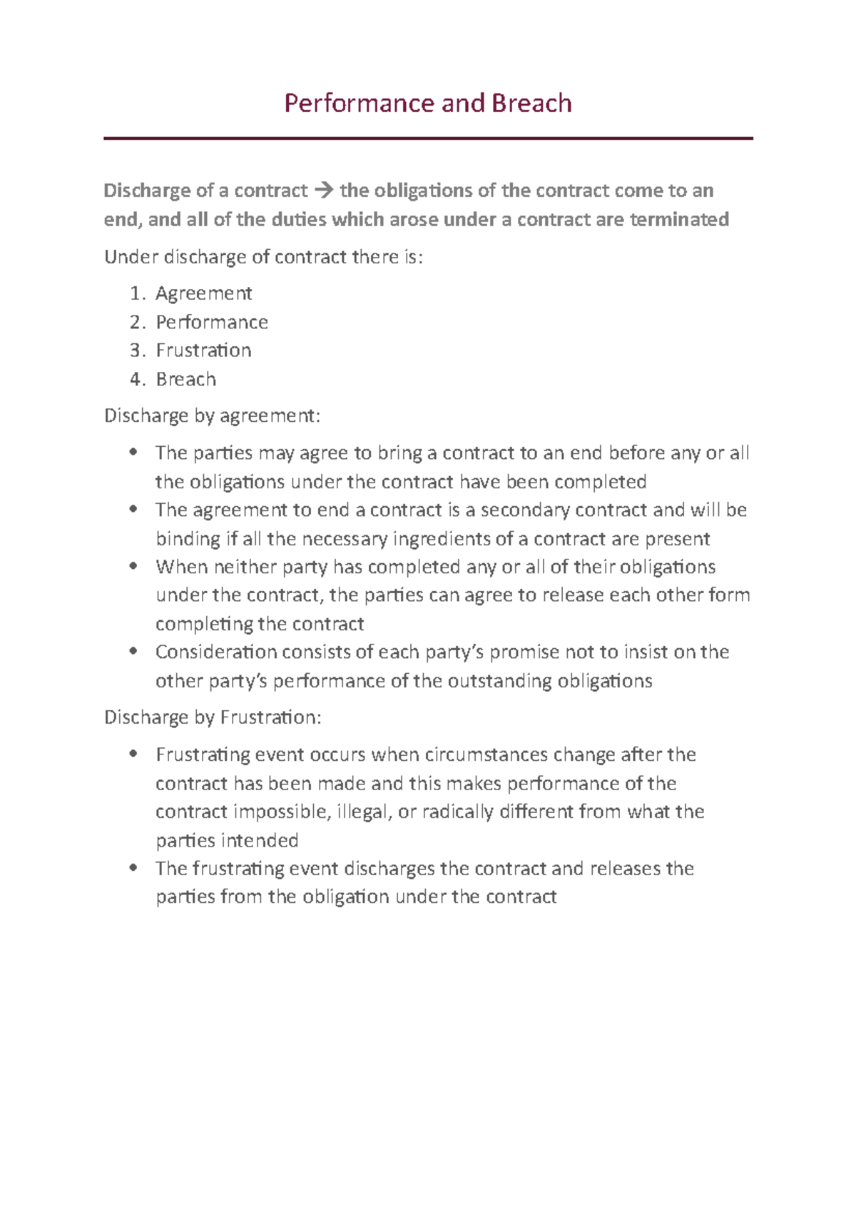 Performance and Breach - Performance and Breach Discharge of a contract the obligations of the ...