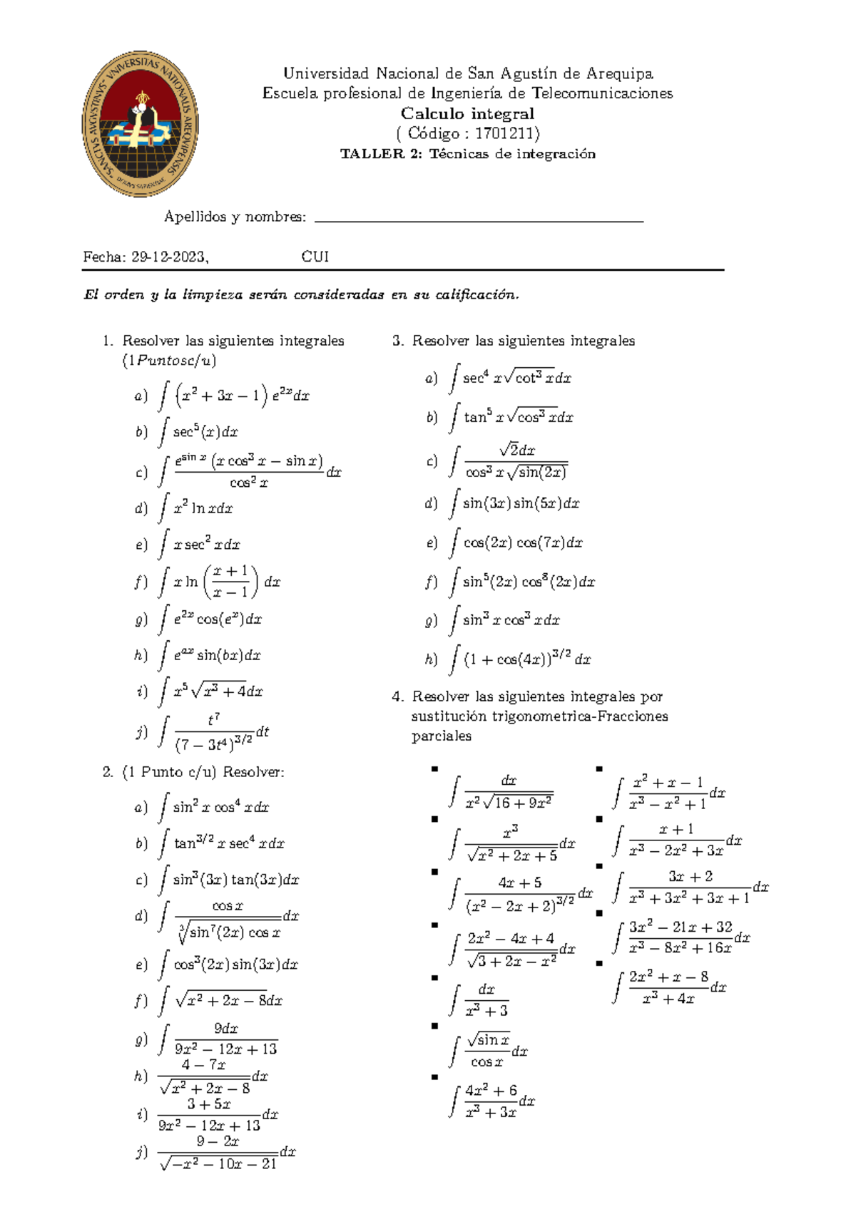 Taller Integrales Partes Potencias Trigonometricas Universidad Nacional De San Agustín De
