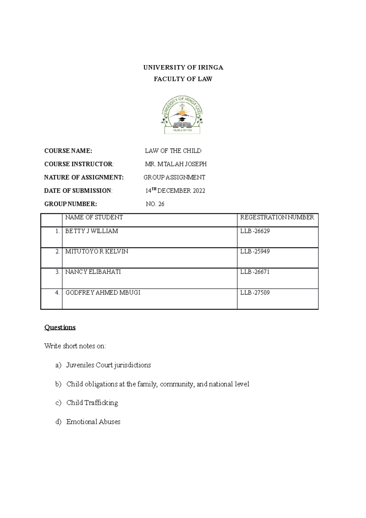 Child LAW Group Assignment Group NO - UNIVERSITY OF IRINGA FACULTY OF ...