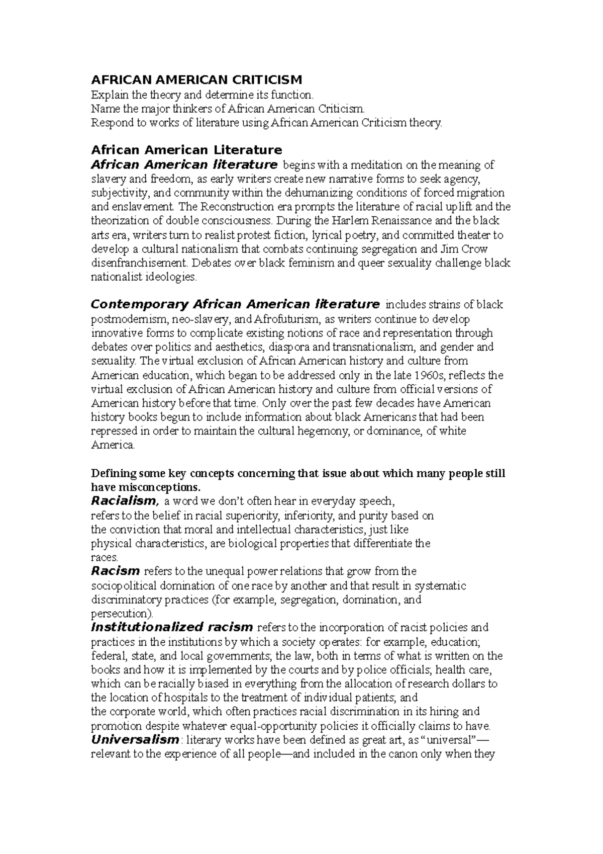 African American Criticism - AFRICAN AMERICAN CRITICISM Explain the ...