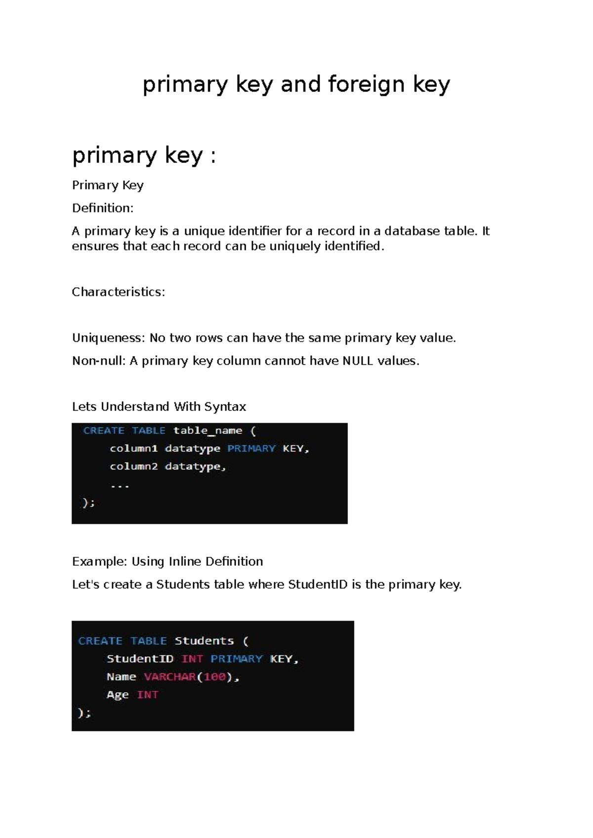 Primary key and foreign key - primary key and foreign key primary key ...