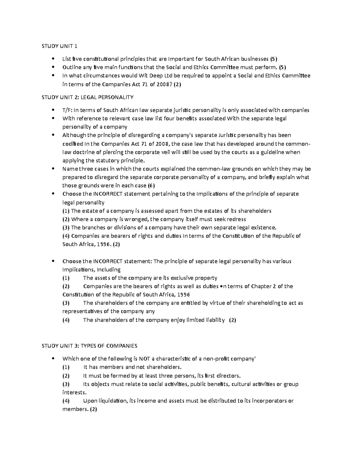 UNIT Breakdown questions - STUDY UNIT 1 List five constitutional ...
