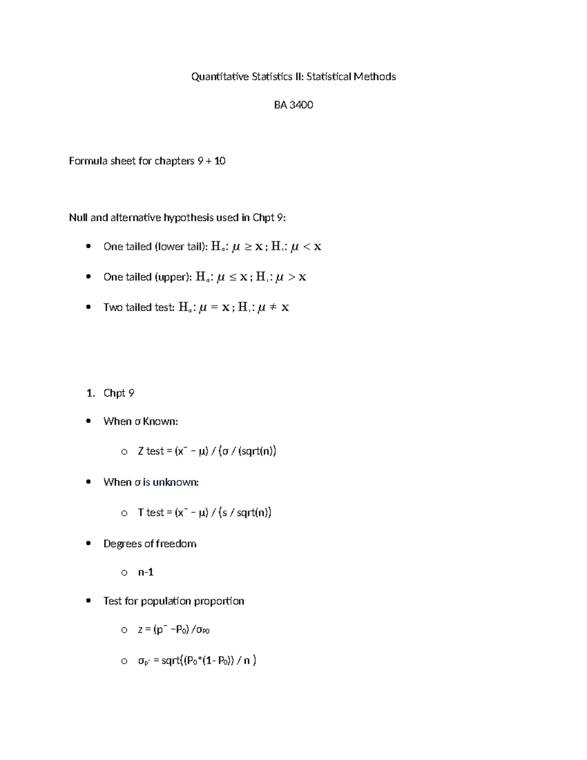Quantitative Statistics II Formula sheet - Quantitative Statistics II ...