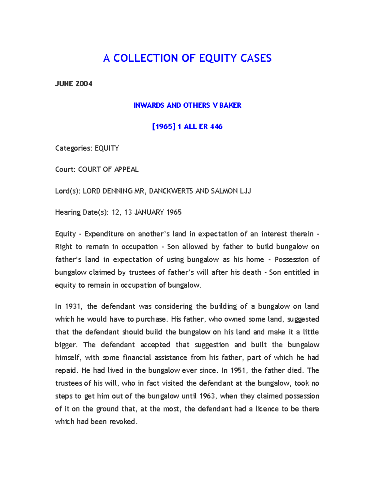 A Collection OF Equity Cases - Equity law - IUIU - Studocu