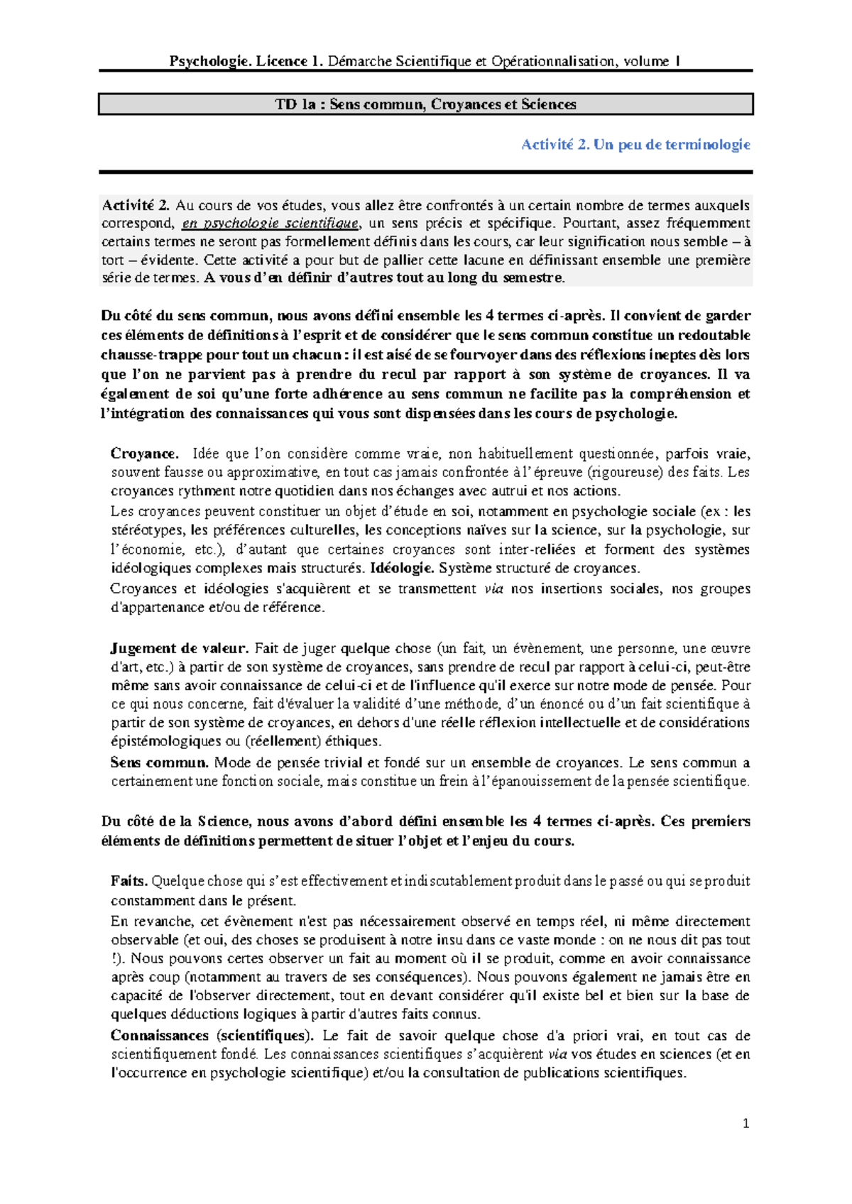 TD1 Terminologie - note td - TD 1a : Sens commun, Croyances et Sciences ...